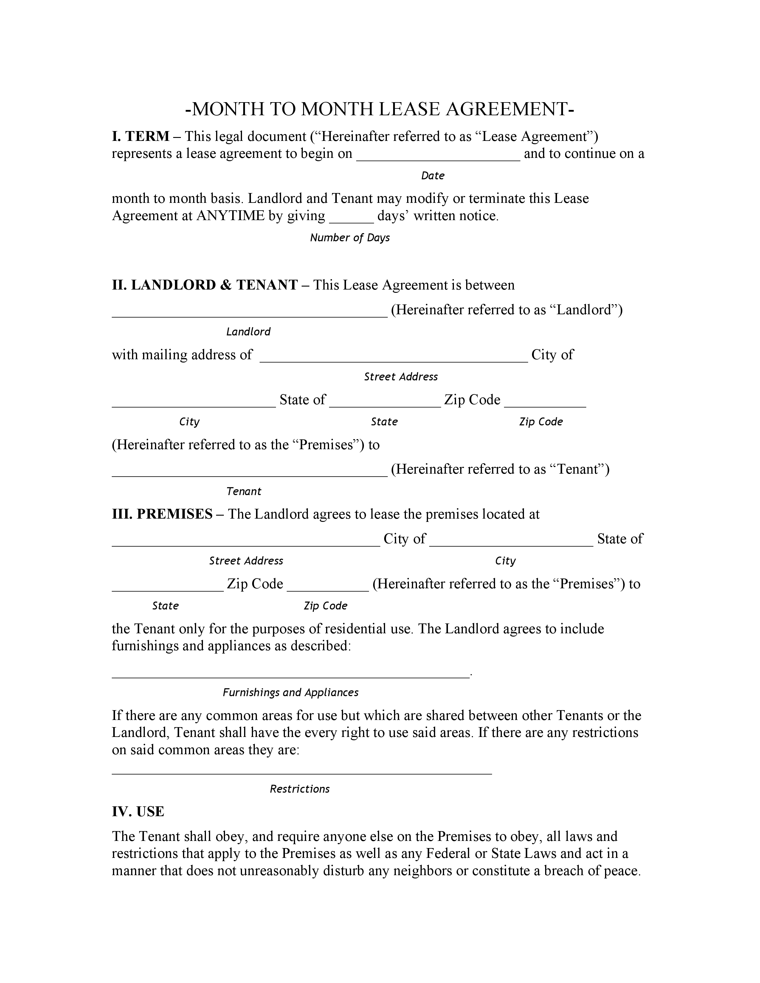 Download Free General Month To Month Rental Agreement Form Download