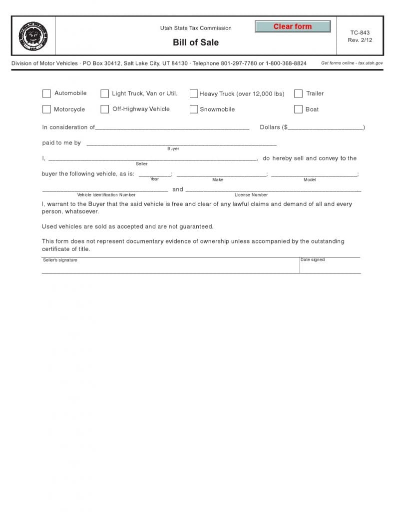 Download Free Utah Bill Of Sale Form TC 843 Form Download